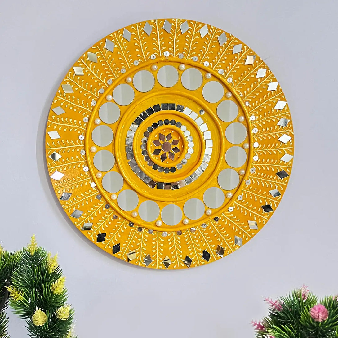 Wooden Decorative Wall Hanging Mud Mirror Lippan Art 28x28 cm (Yellow ...