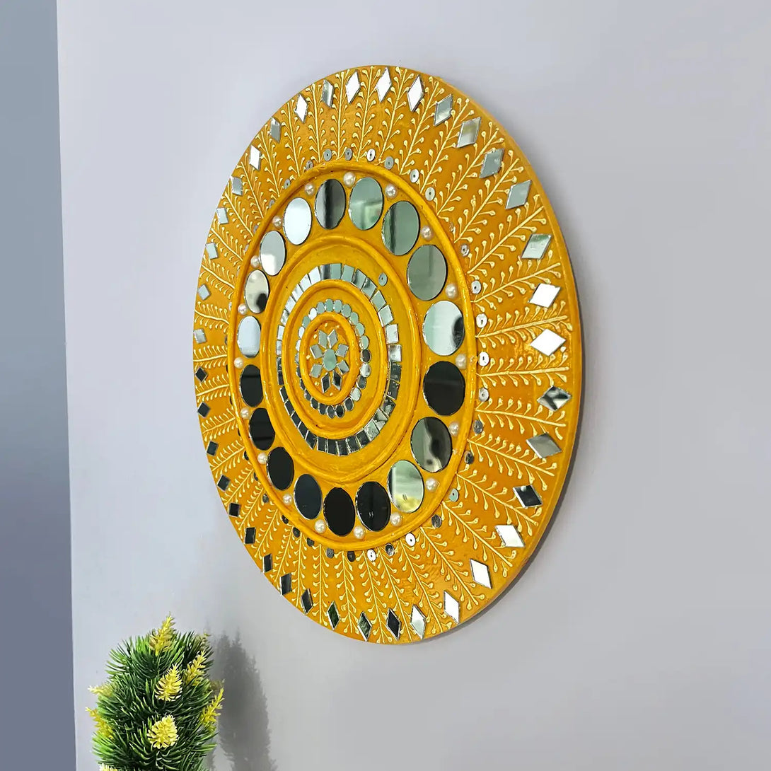 Wooden Decorative Wall Hanging Mud Mirror Lippan Art 28x28 cm (Yellow ...